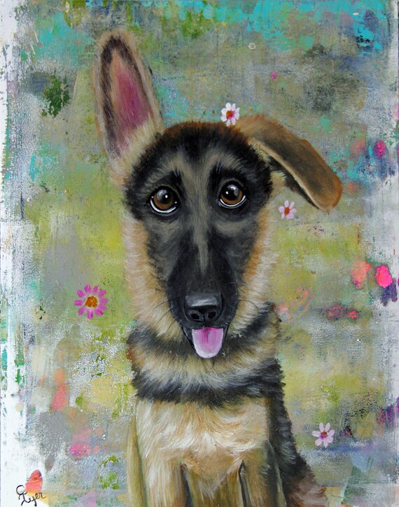 Whimsical German Shepherd Fine Dog Art Print Modern Nursery