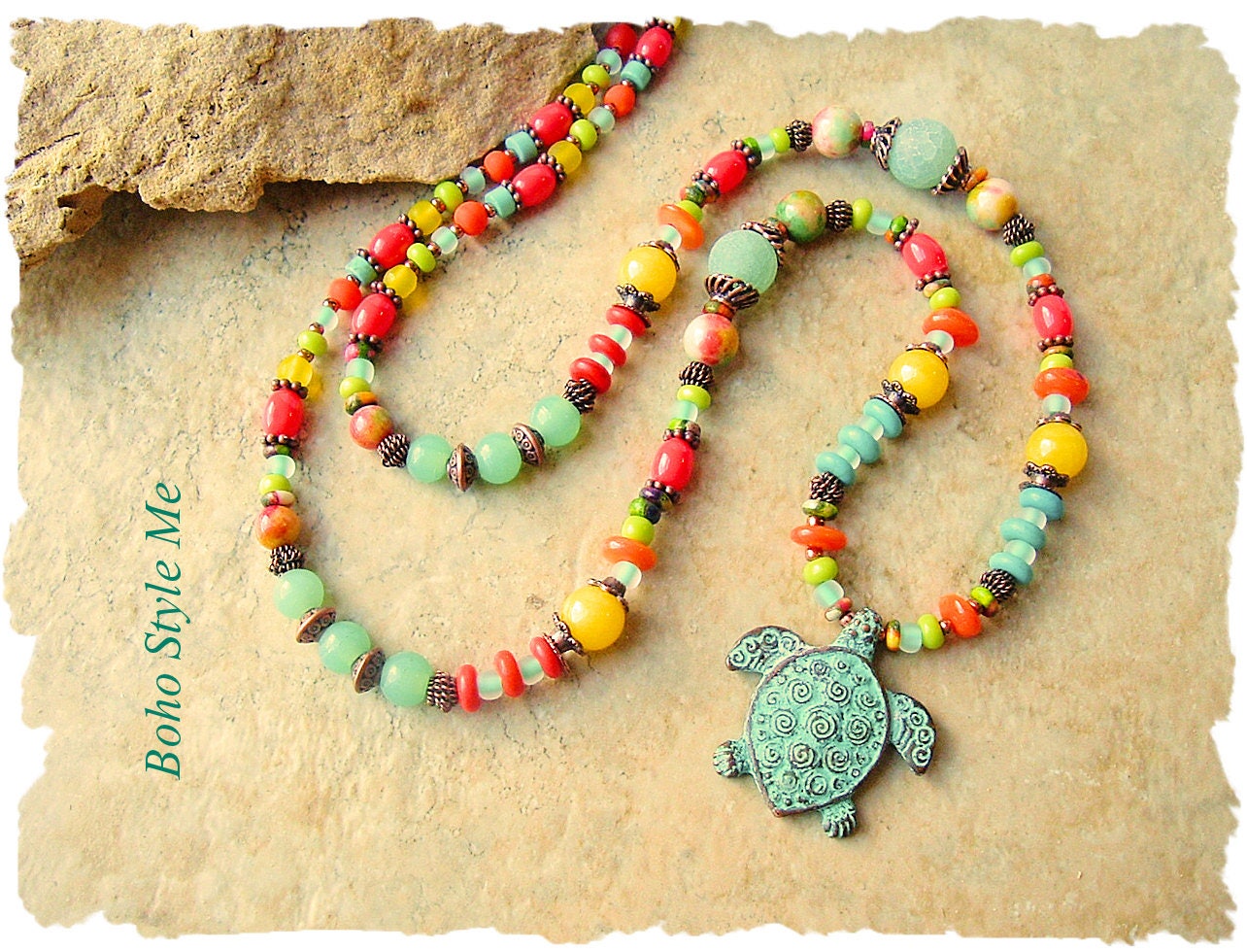 Boho Colorful Sea Turtle Necklace Bohemian Jewelry Handmade
