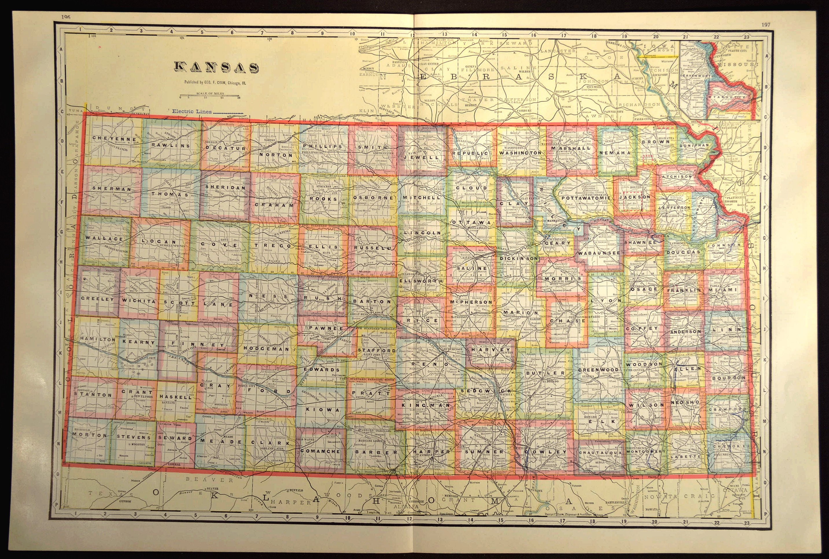 Kansas County Map Kansas LARGE Antique Colorful