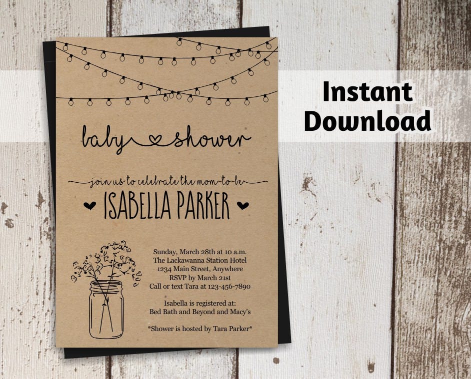 Printable Rustic Baby Shower Invitation Template Boy Girl