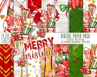 Christmas Paper Pack Xmas Scrapbook Paper Watercolor Digital