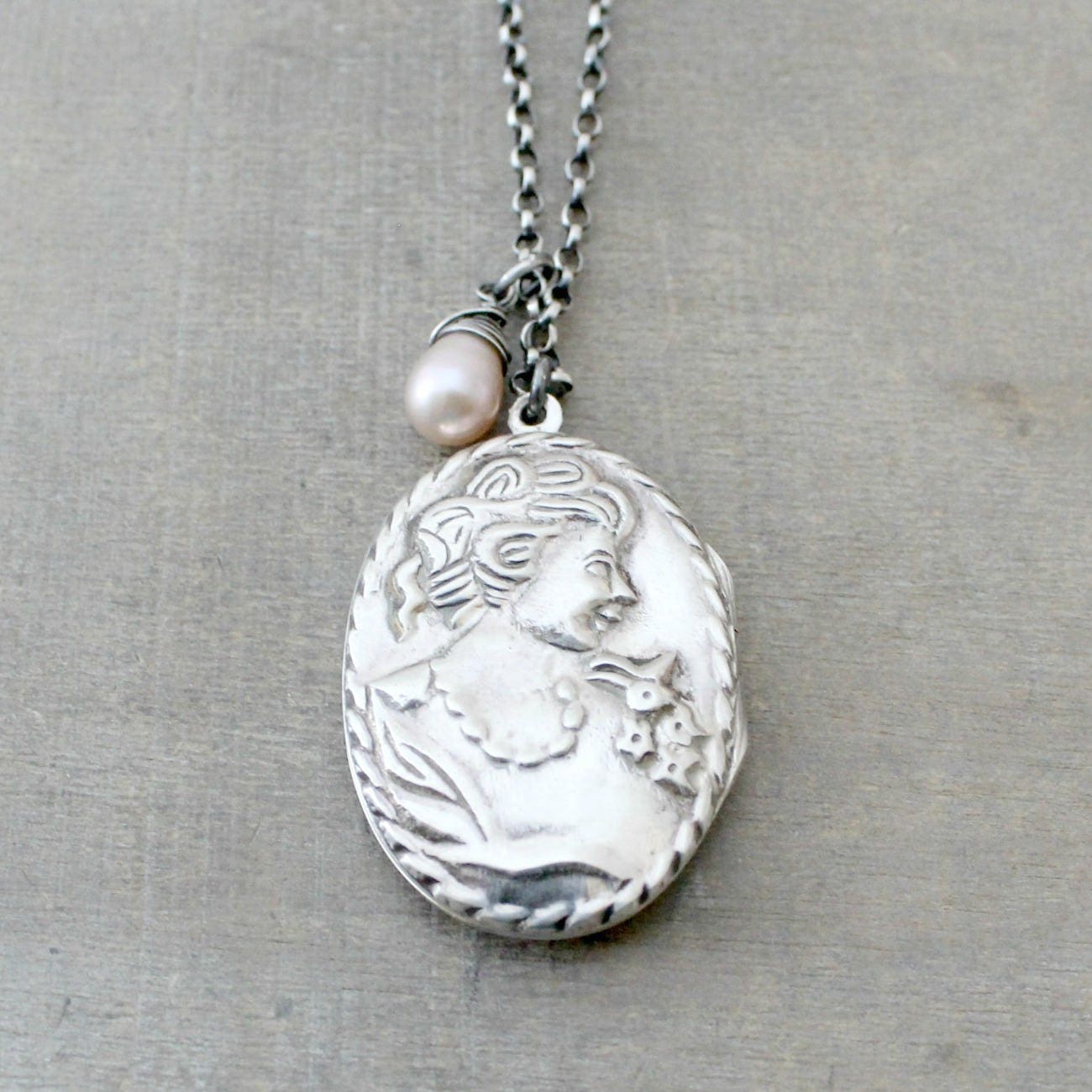 Large Locket Silver Cameo Locket Pearl Locket Necklace