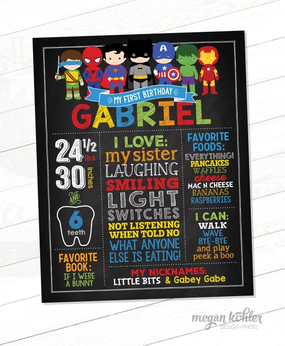 Superhero Chalkboard Poster First Birthday Printable File