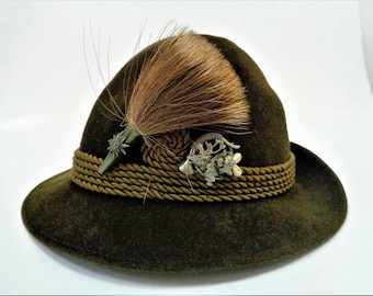 Pinocchio Hat Tyrolean Alpine Style hat tan wool felt feather