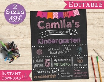 First day of School Editable Sign Chalkboard Girl Back to