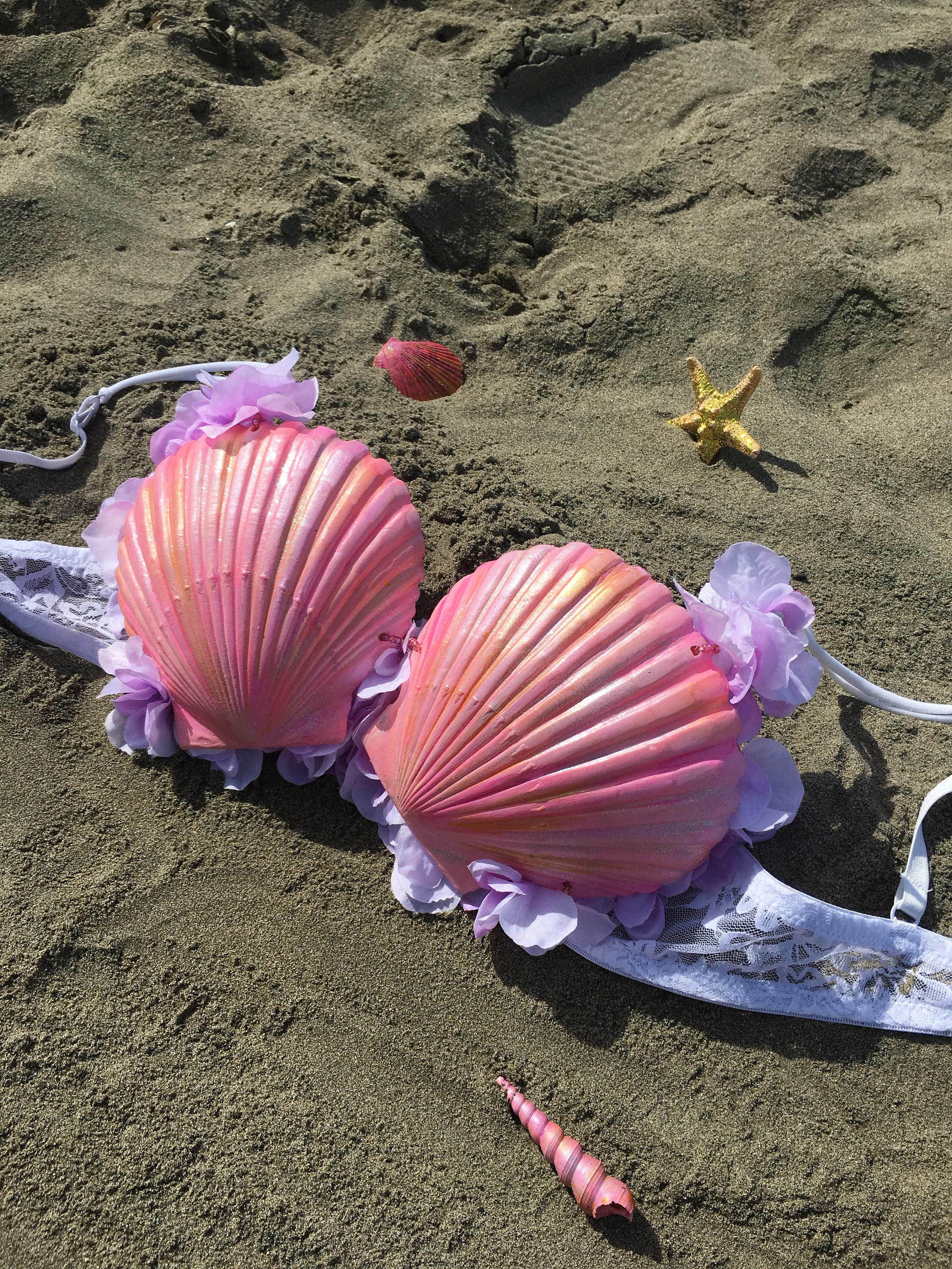 Pink Mermaid Shell Bra Hand Painted Seashell Flower Bra
