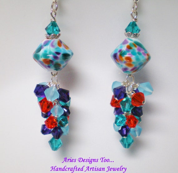 Abstract Lampwork Bicone Cluster Earrings in Aqua
