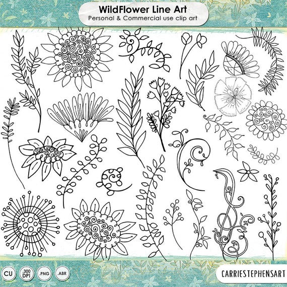 Bohemian Wild Flower Digital Stamps, Foliage & Hand Drawn Flower ...