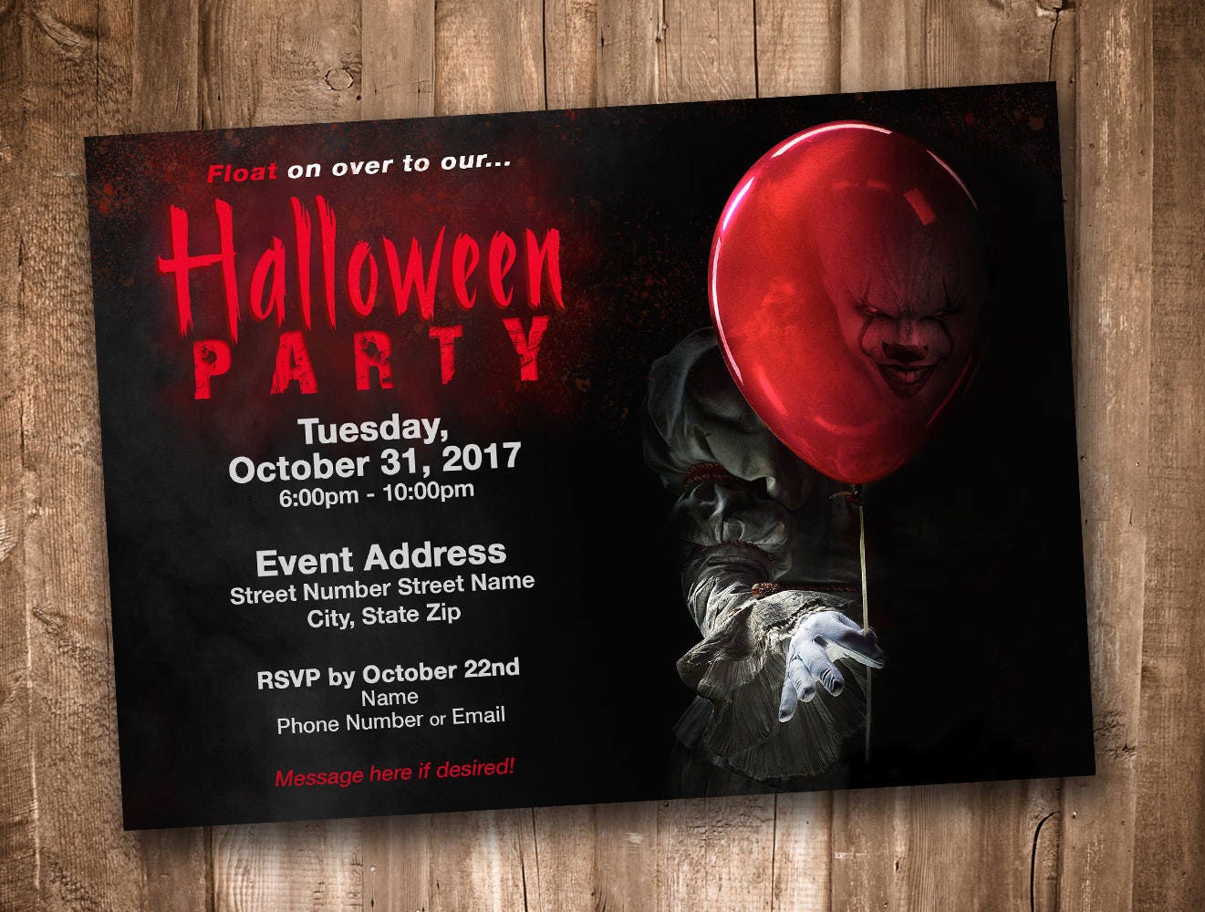 Pennywise Clown Adult Halloween Party Invitation Personalized