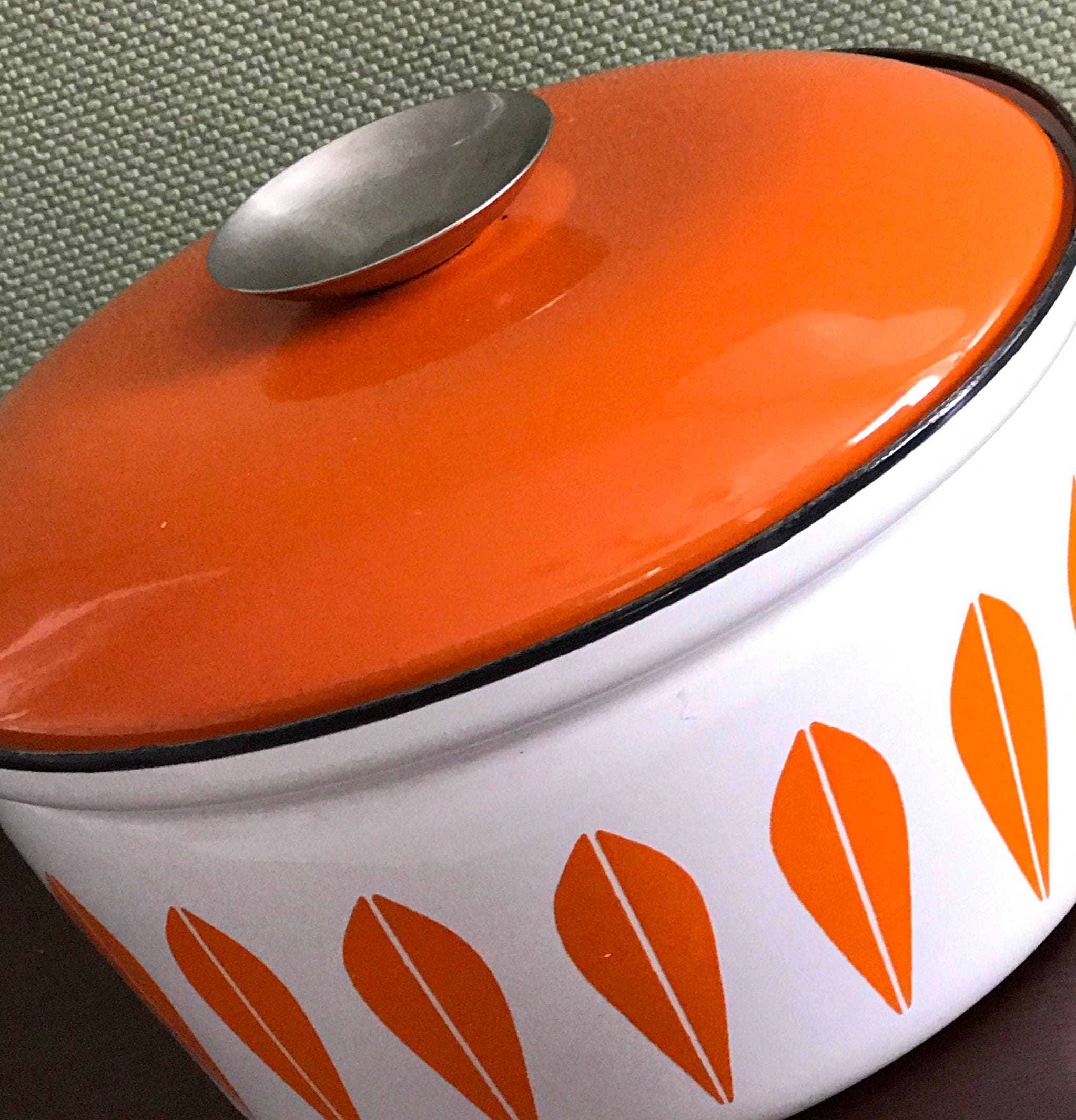 Vintage enamel pan, Orange Lotus Catherine Holm Norway Enamel Pot, Mid ...
