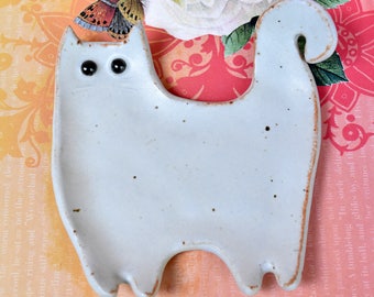 White Friendly Cat Dish Smiley Face Ceramic Plate Spoon Rest