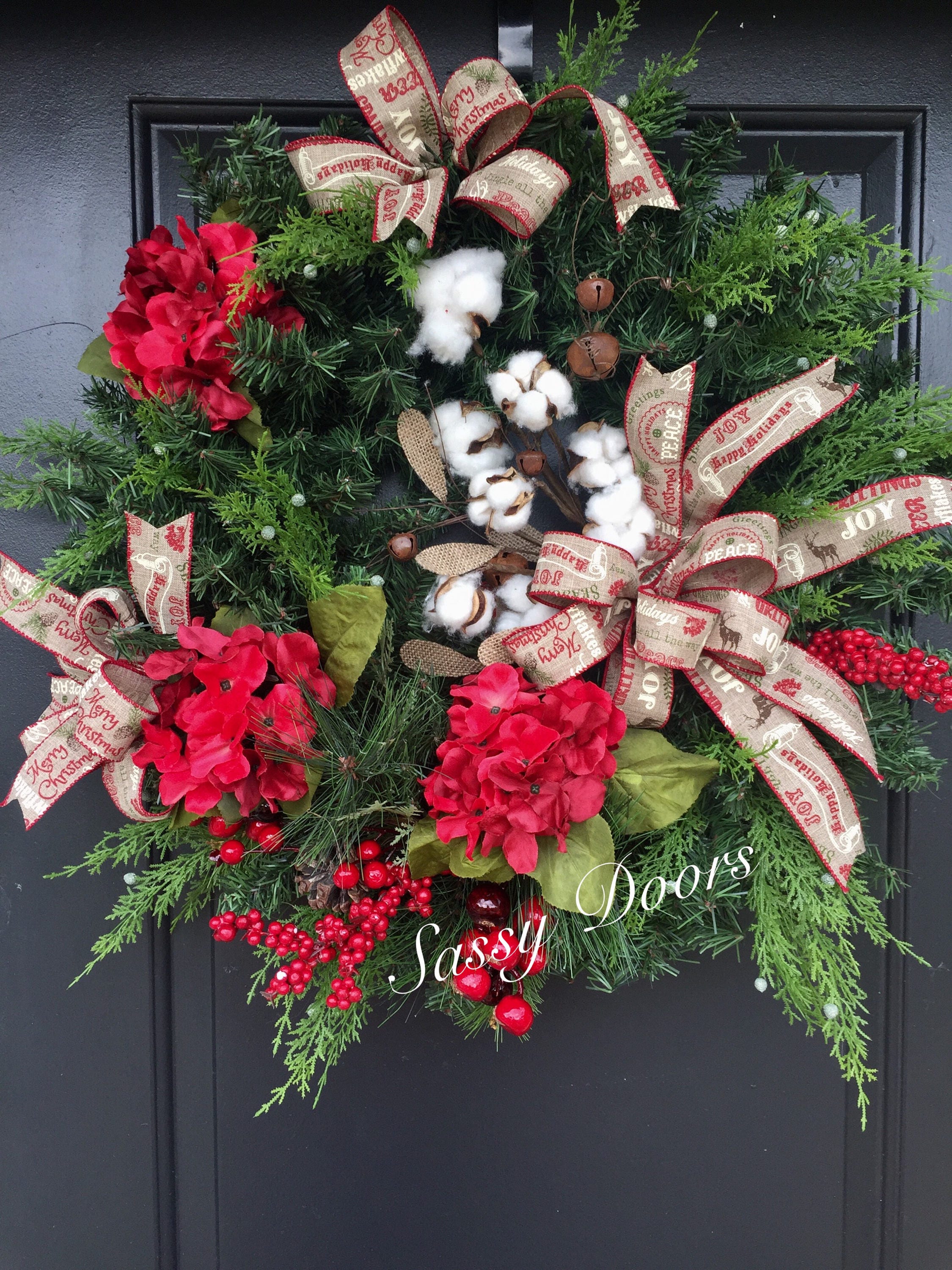 Christmas Wreath, Christmas Cotton Wreath, Farmhouse Holiday Wreath ...