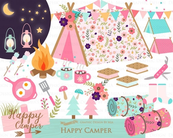 Camping Clipart, Happy Camper, Camping, Pink & Blue Clip Art - Instant ...