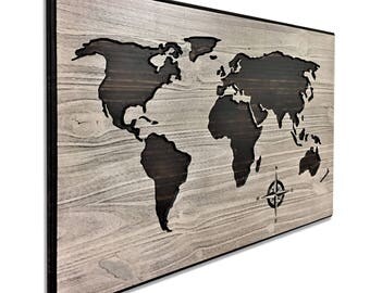 Wood world map wall art carved 3 Panel home decor world map