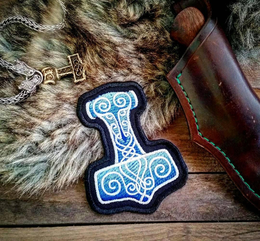 Blue Mjolnir Thor's Hammer VIking Norse Patch Biker