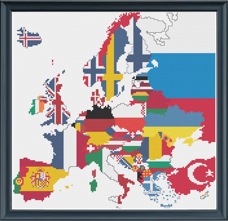 Europe in Flags Map Cross Stitch Pattern