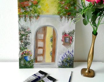 Secret door Original acrylic painting Old door art cottage
