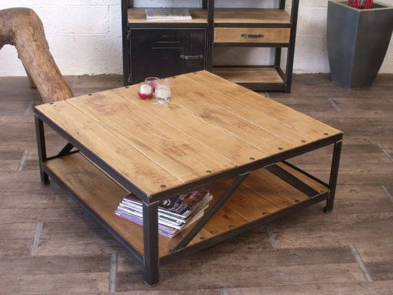 Table Basse Carré Industrielle Bois Métal