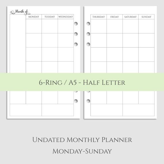 Undated Monthly Calendar Planner Inserts Monday to Sunday