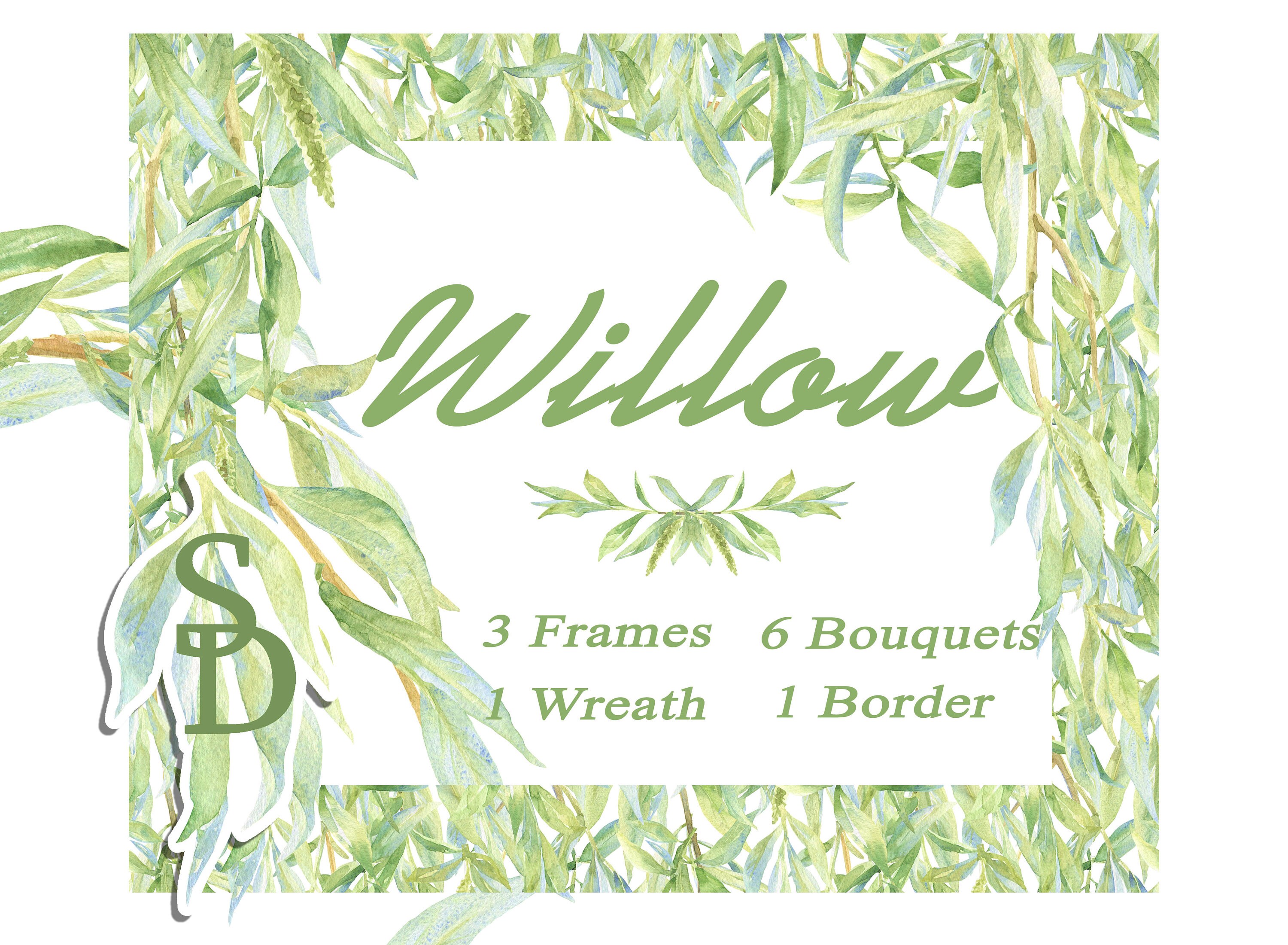 Willow Frames wreath border Watercolor clipart Hand painted