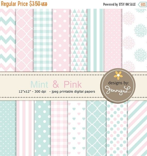 50% OFF Mint and Pink Digital Papers Blush Turquoise Light