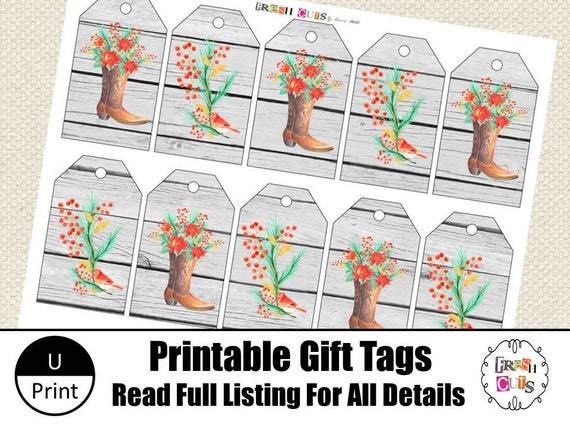 Western Christmas Gift Tags Wood Cowboy Boot Flowers Country
