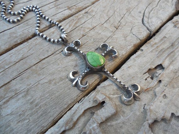 ON SALE Large turquoise cross necklace handmade and signed in