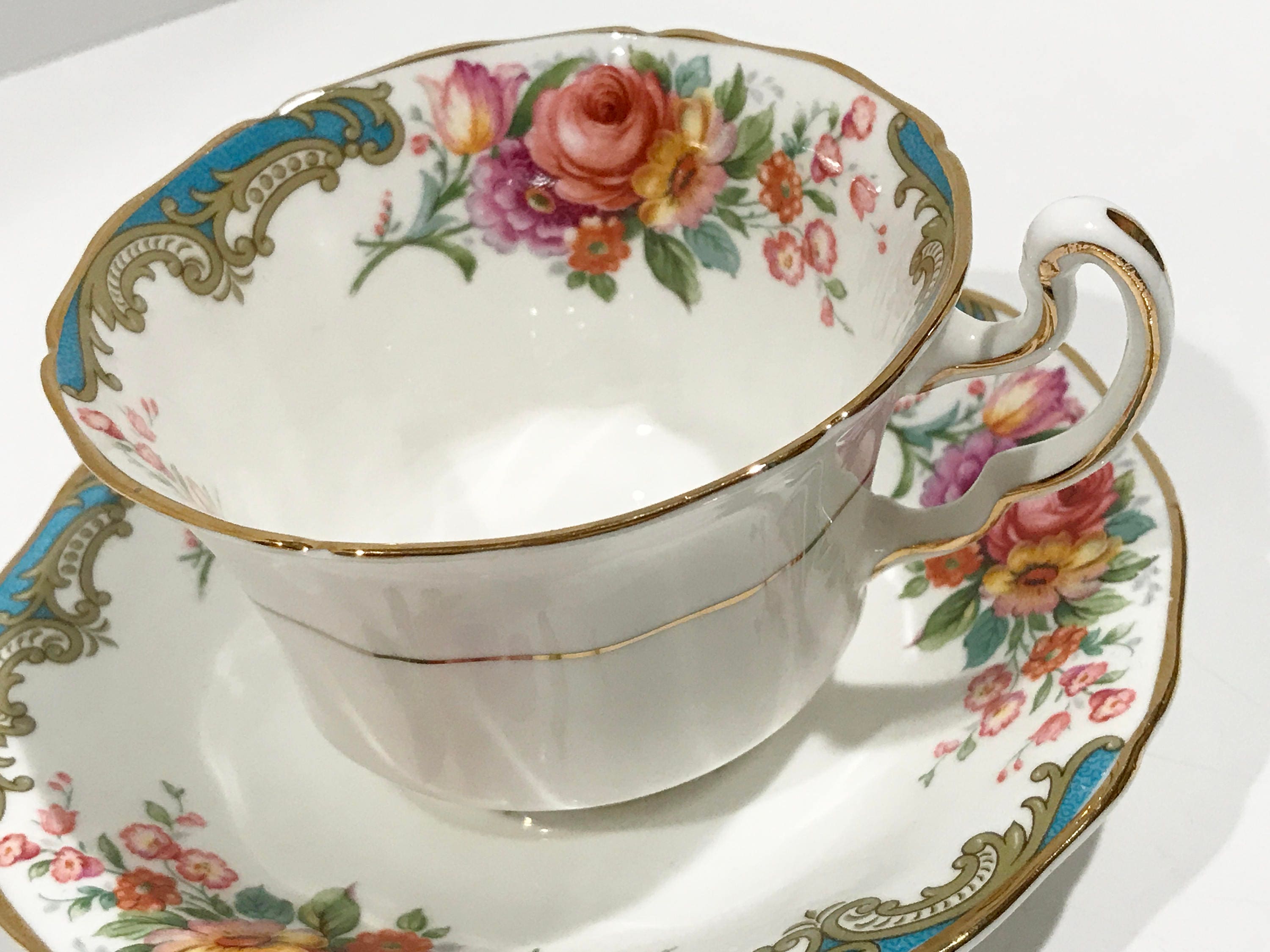 Adderley Tea Cup and Saucer, Antique Tea Cups Vintage, Aqua Floral Cups ...