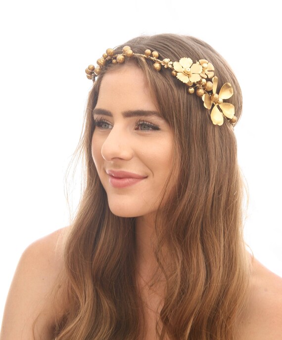Gold Wedding Flower Crown of Gold Metal Flowers and Golden