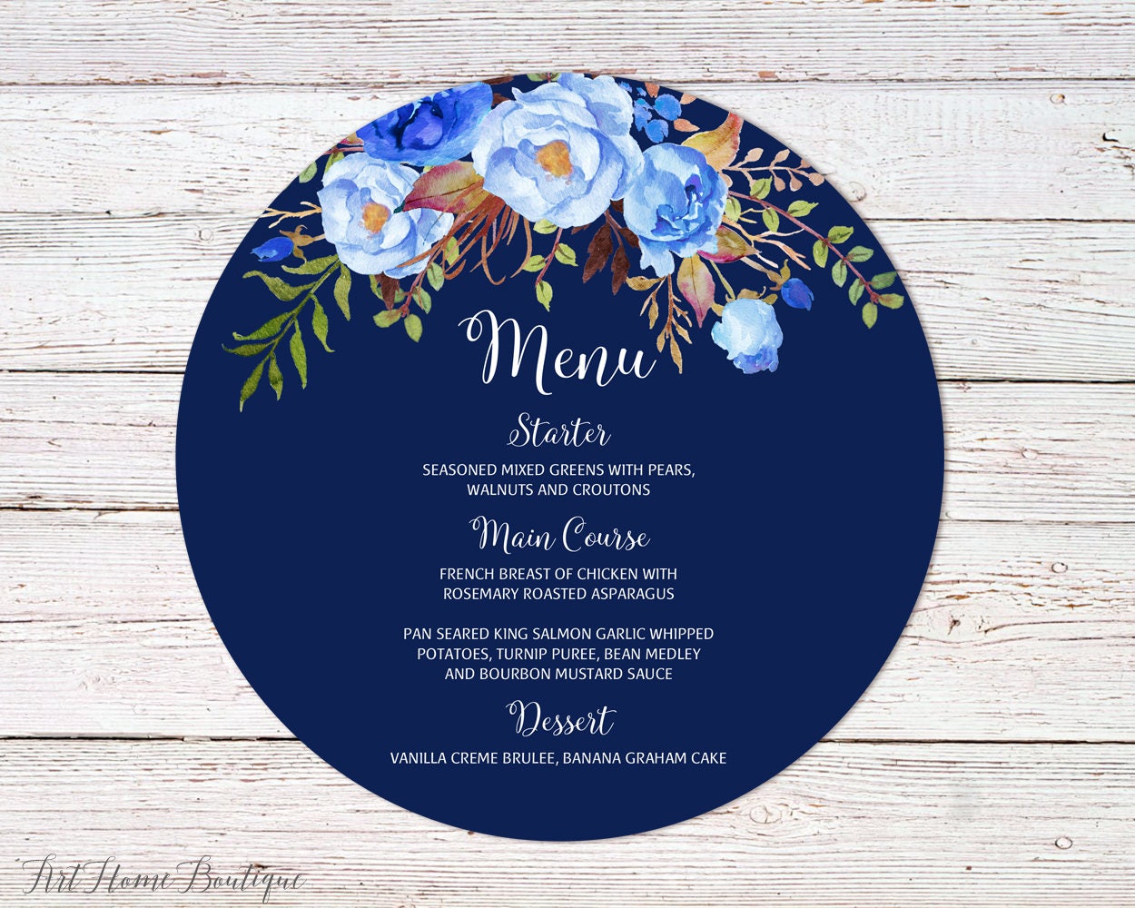 Round Menu Cards Circle Menu Card Printable Floral Navy Menu