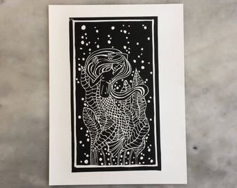 Mermaid linocut | Etsy
