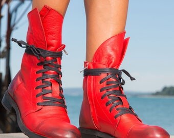 Red leather boots | Etsy