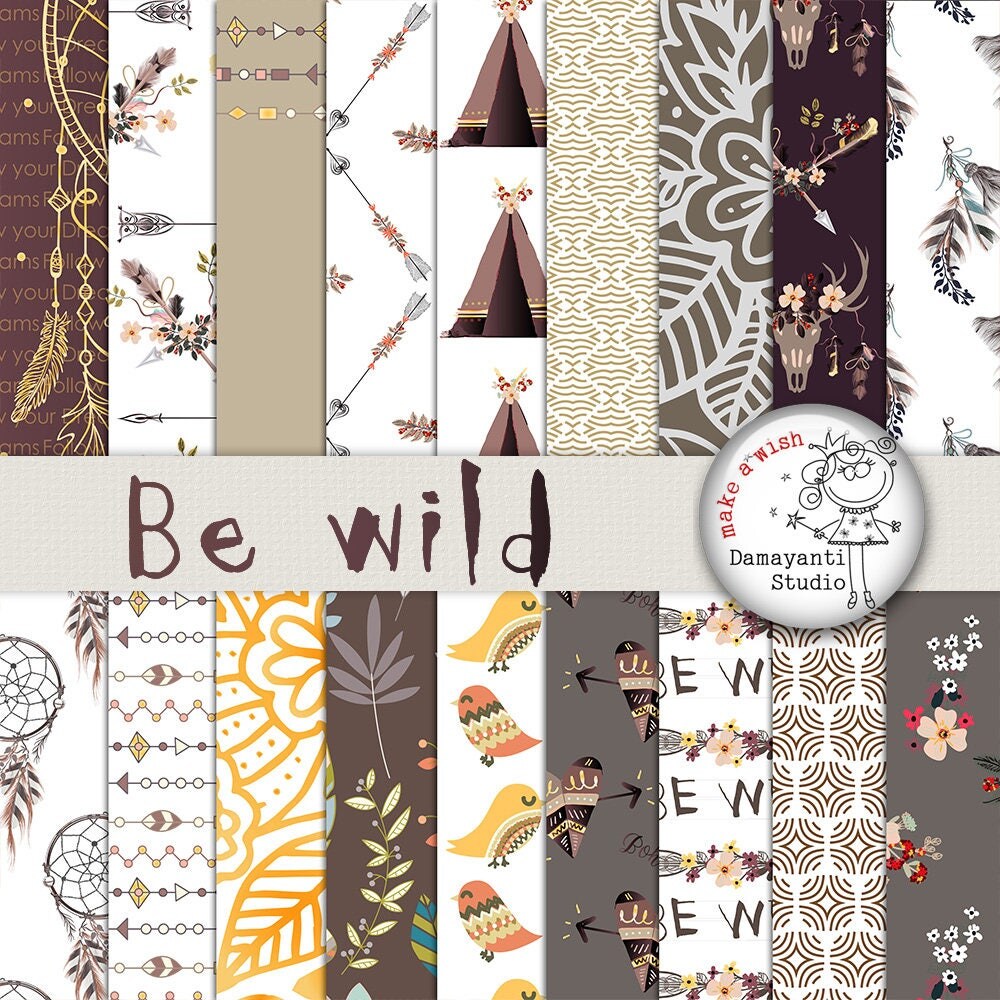 Boho Digital Papers pack feather and arrow digital paper