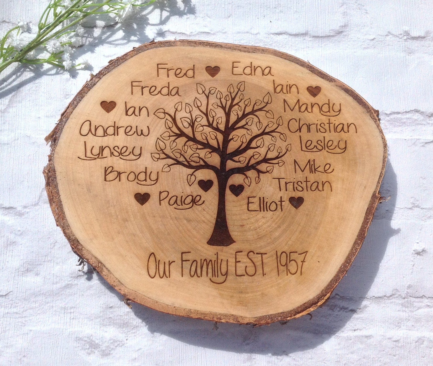 Family tree engraved onto a wood slice