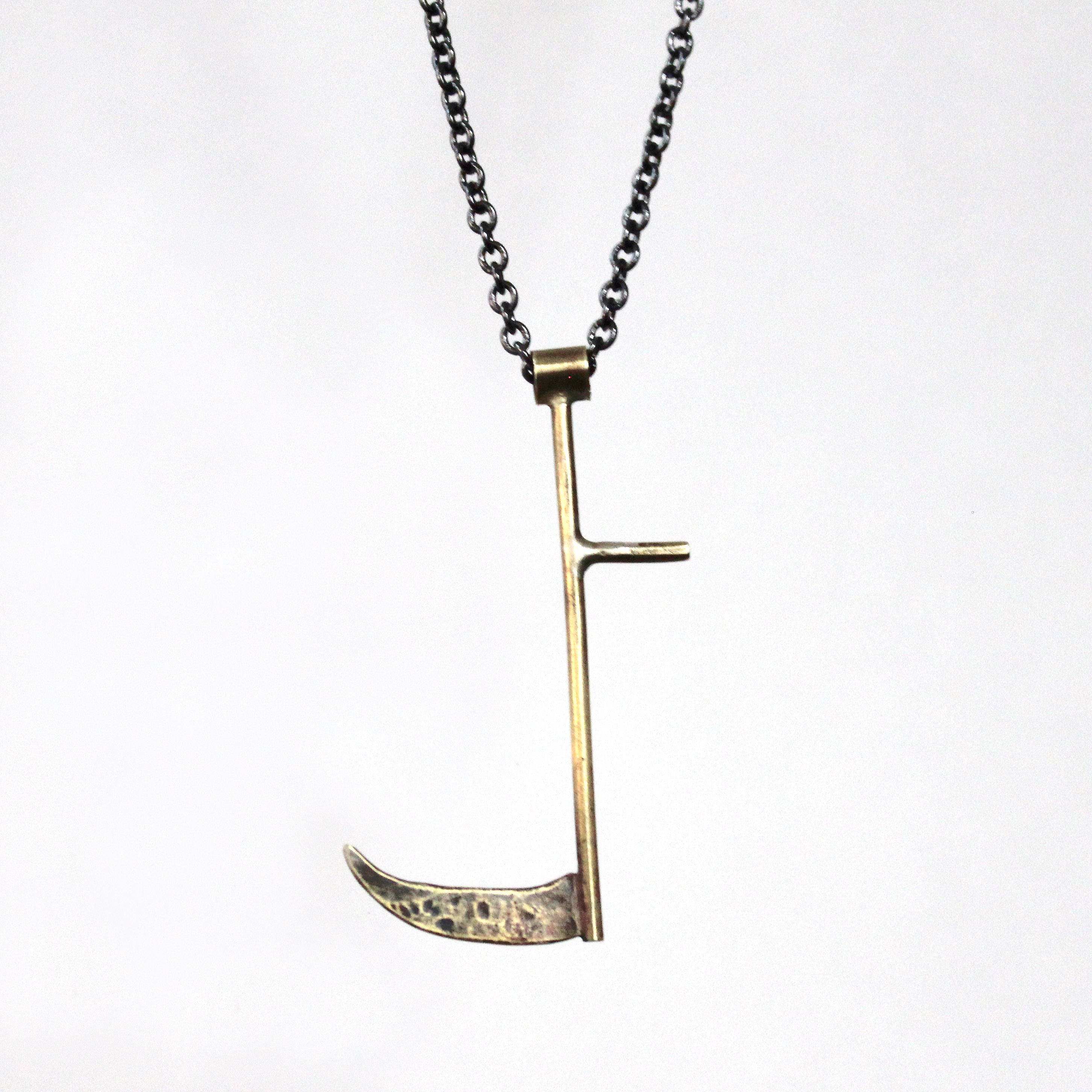 Harvest Scythe Necklace, handmade in brass