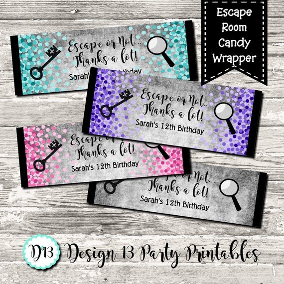 Escape Room Birthday Party Candy Bar Chocolate Bar Wrappers Favor Print ...