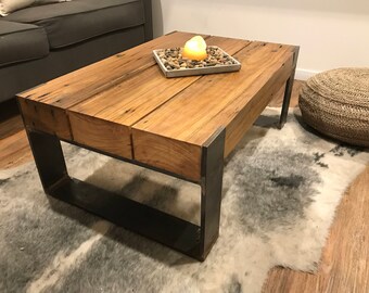 Salvaged Hardwood Coffee Table with Steel Legs