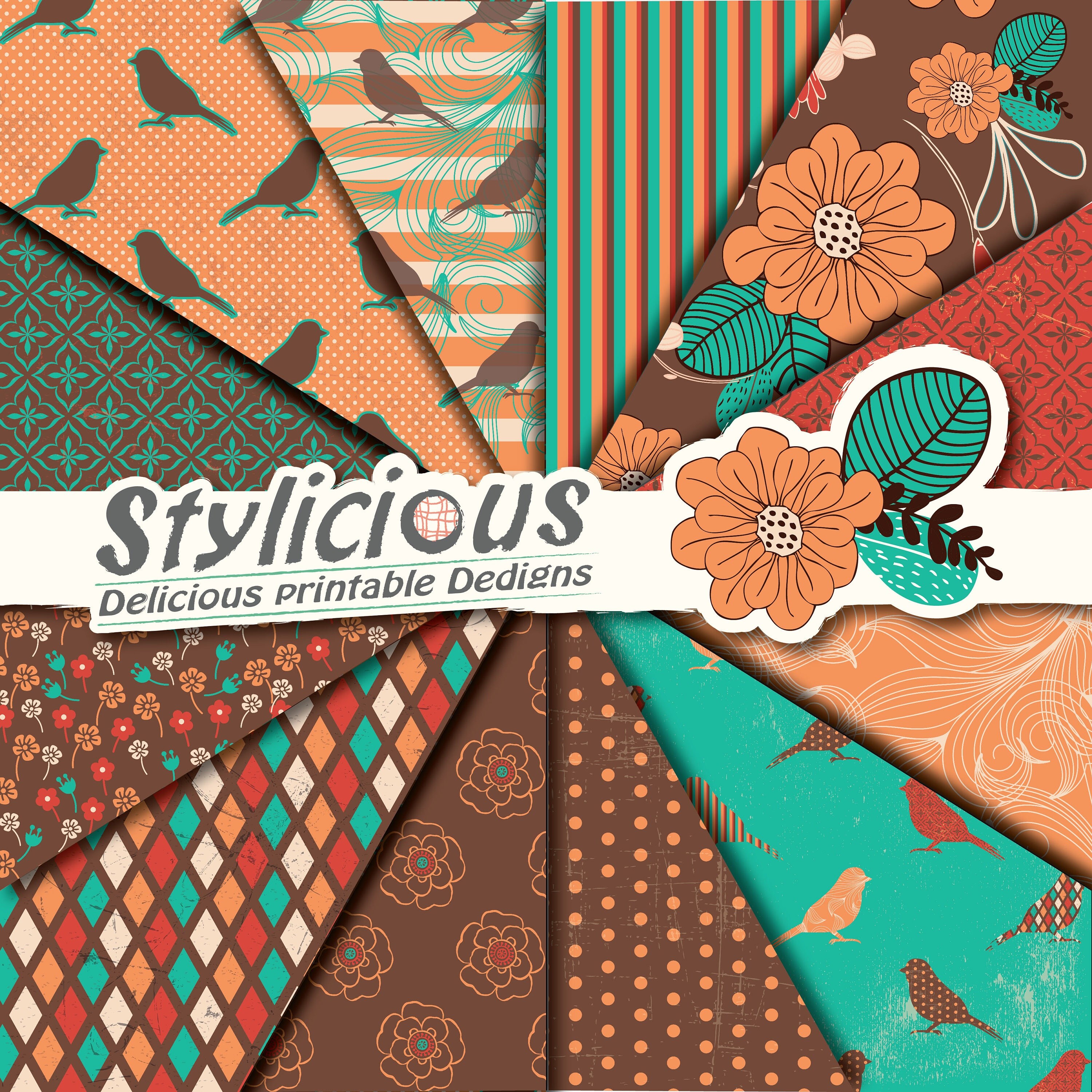 Birds and flowers Pattern Digital Paper Pack Floral