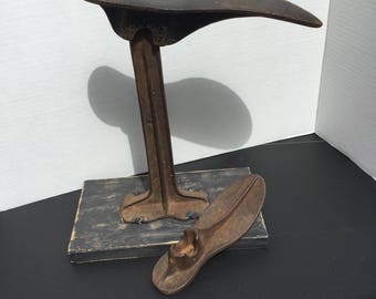 Vintage or Antique Shoe Anvil Old Wood Stand with 3 Iron Shoe
