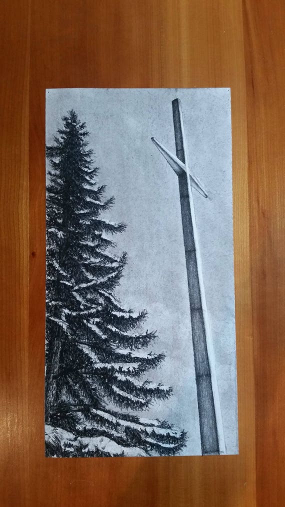 ORIGINAL Tree and Cross Charcoal Drawing