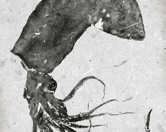 FLOATING OCTOPUS gyotaku print traditional Japanese fish art