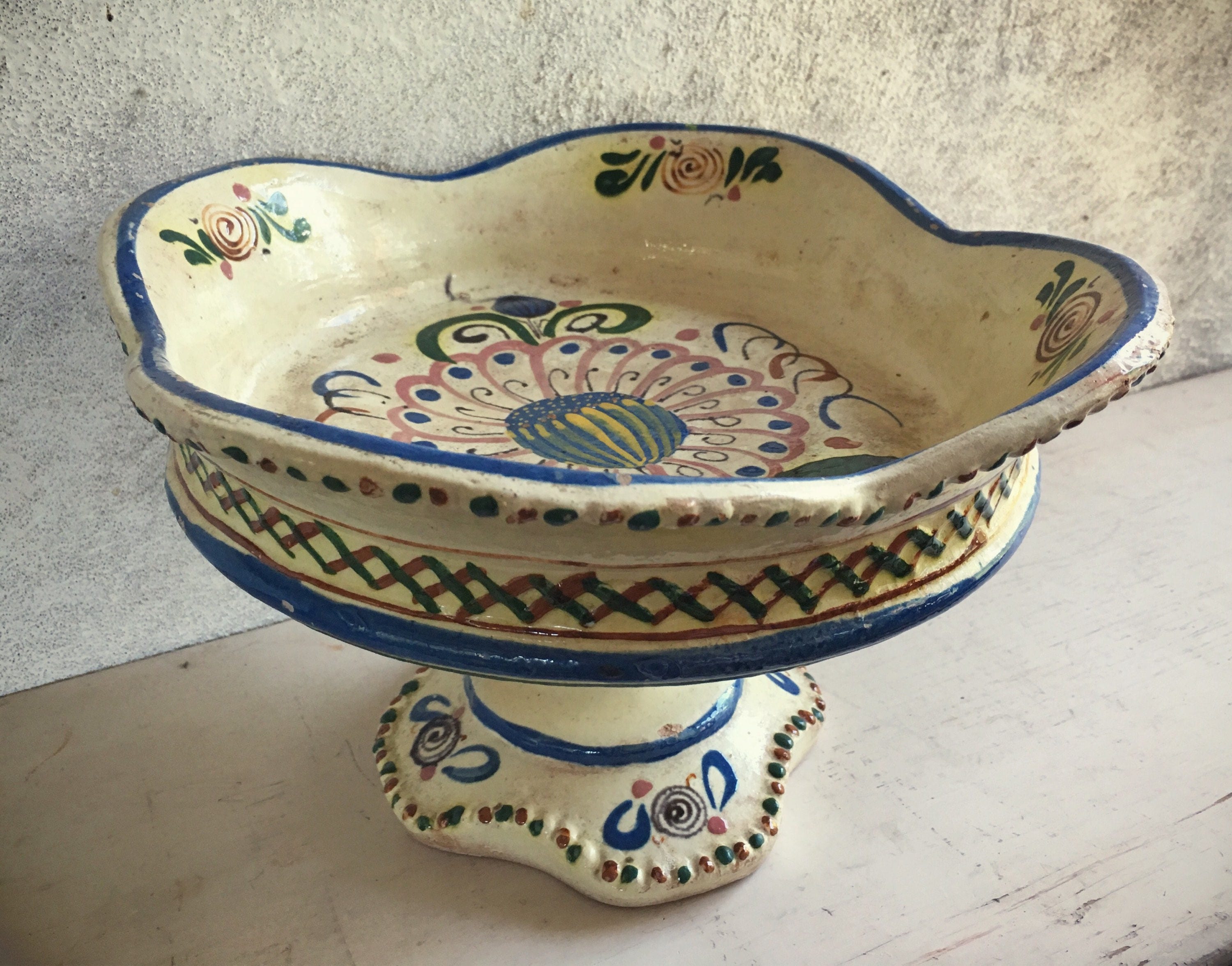 Old Mexican pottery vintage Tlaquepaque pedestal fruit bowl rustic home ...