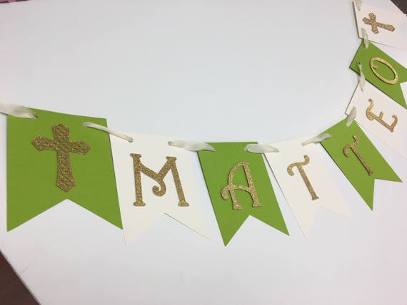 Baptism Decor First Communion Cross Banner Gold Glitter
