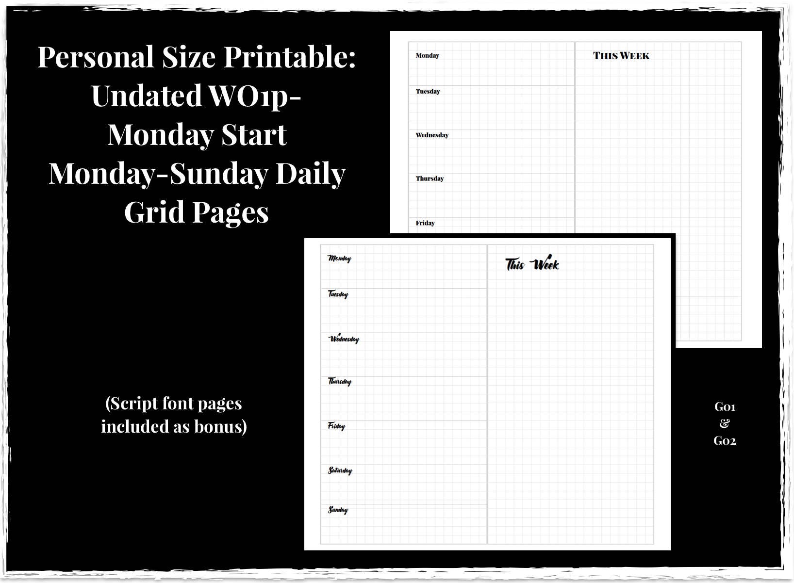 Printable Grid Week on One Page Inserts with Monday-Sunday