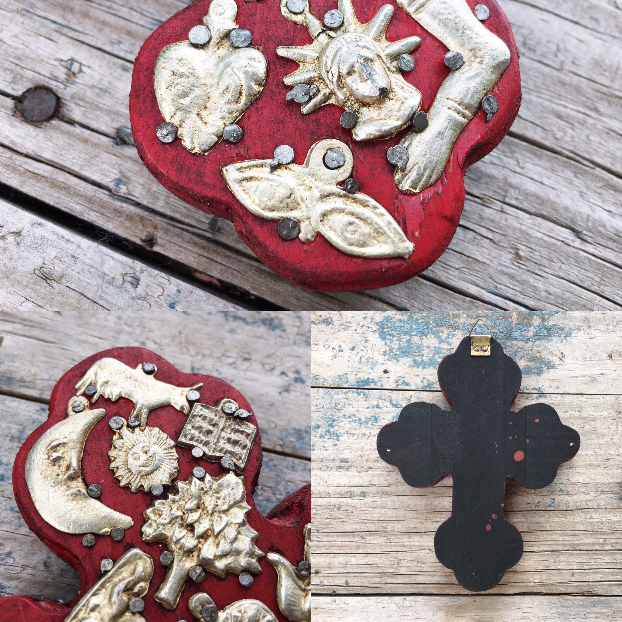 Vintage Mexican milagro cross, Mexican folk art amulets on wooden cross ...