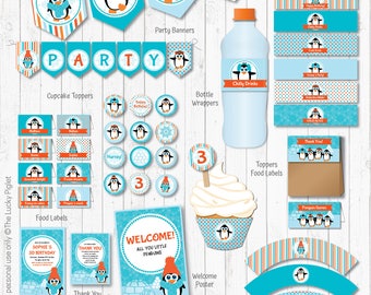 PENGUIN BIRTHDAY INVITATION and Party Decoration Violet Full