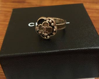 Vintage CHANEL COCO Logo Black White Resin Cocktail Ring