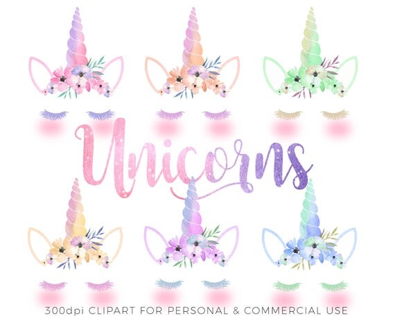6 x Cute Watercolor Magical Unicorn Face Clip Art images