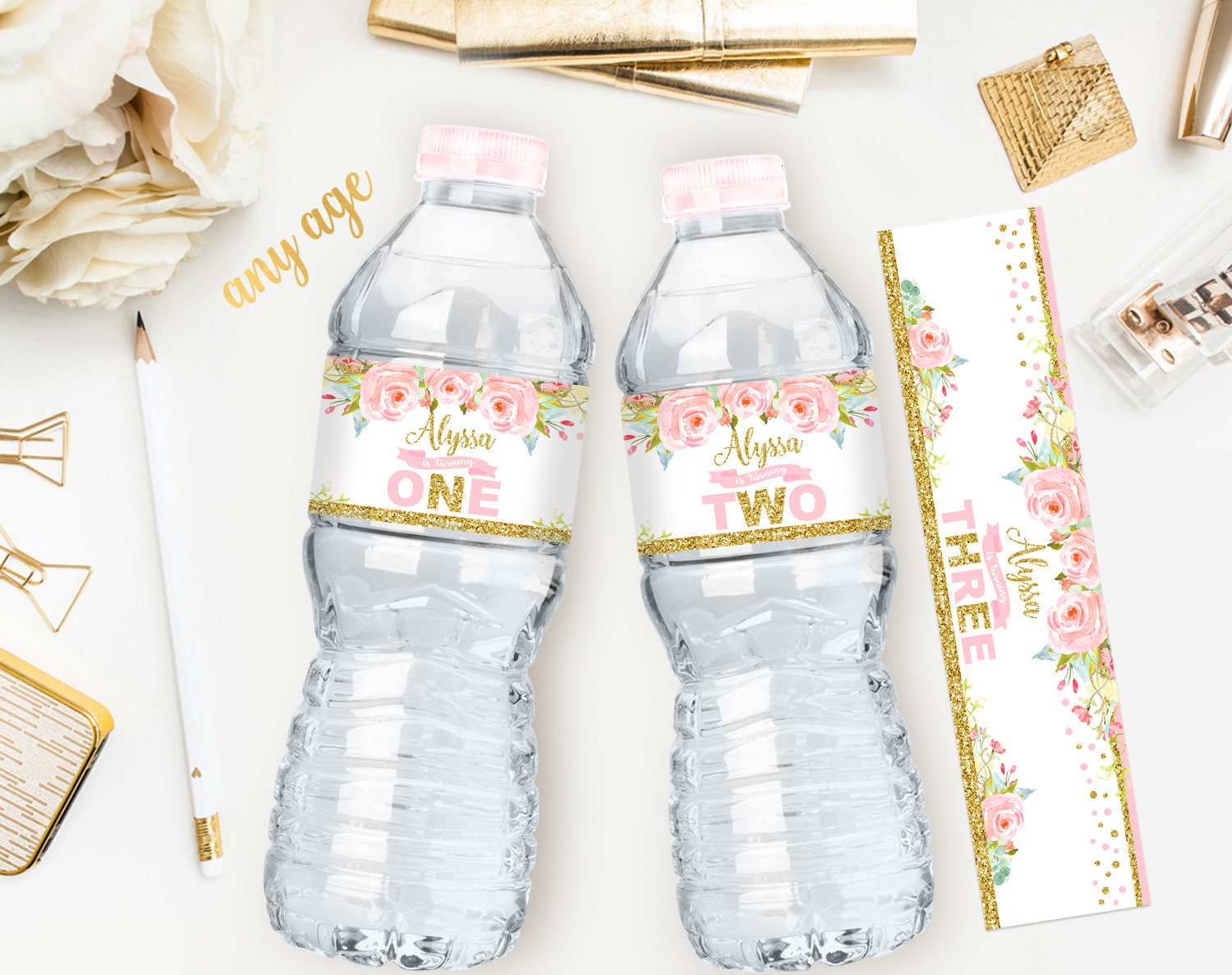 Pink and gold water bottle labels printable boho floral first