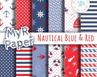 Red and Blue Nautical Digital Paper with Lobster Shark Oar